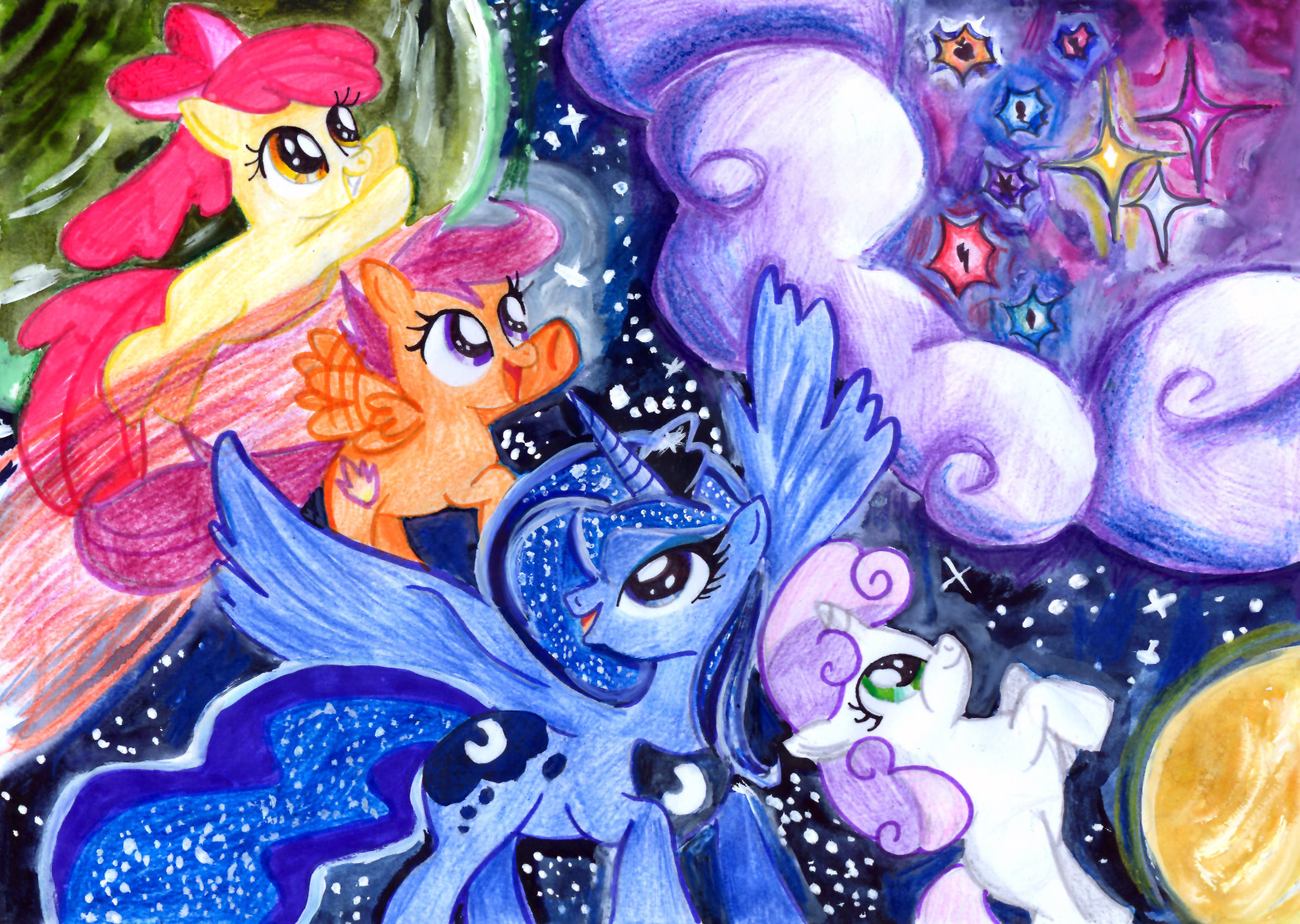 apple bloom, cutie mark crusaders, princess luna, scootaloo, and sweetie belle drawn by ...