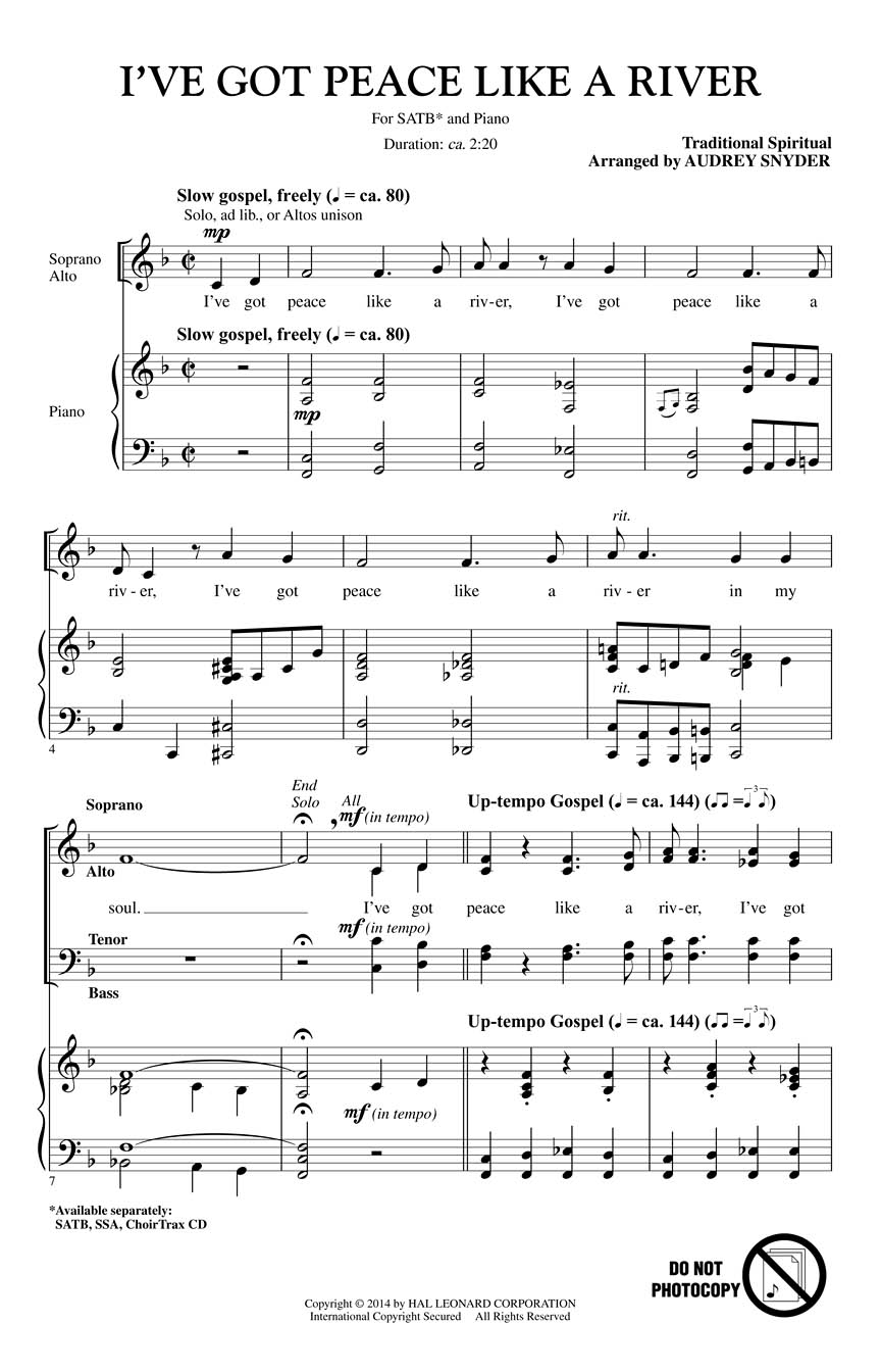I've Got Peace Like A River Sheet Music by Audrey Snyder (SKU: 00121607 ...