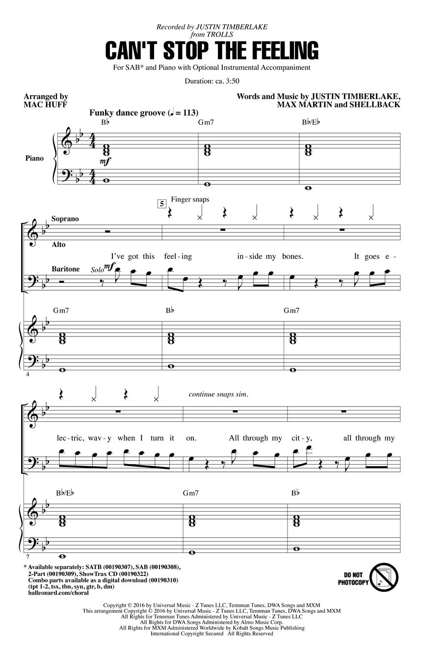 Can't Stop The Feeling Sheet Music by Mac Huff (SKU: 00190308 ...