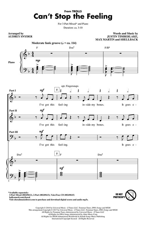 Can't Stop The Feeling Sheet Music by Audrey Snyder (SKU: 00249612 ...