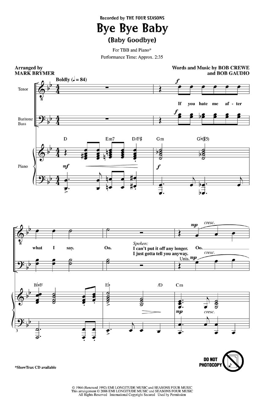 Bye Bye Baby (Baby Goodbye) Sheet Music by Mark Brymer (SKU: 08201919) - Stanton's Sheet Music