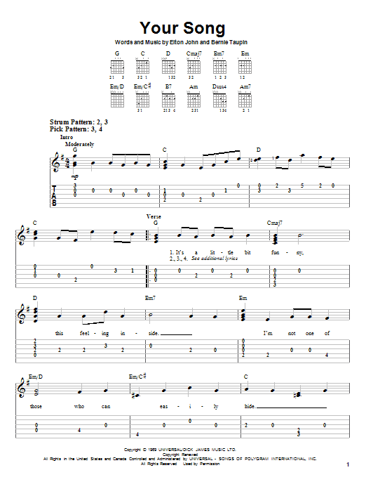 Your Song Sheet Music By Elton John Easy Guitar Tab 28640 