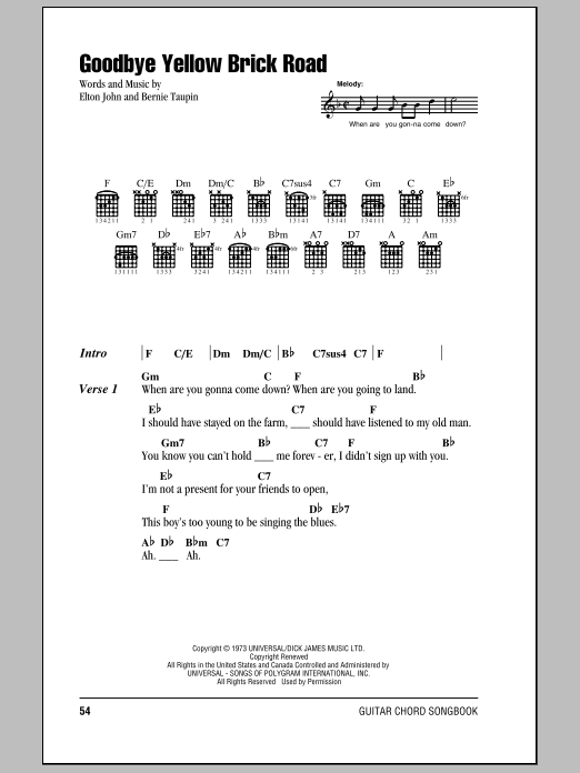 Goodbye Yellow Brick Road Sheet Music By Elton John Lyrics Chords Goodbye Yellow Brick Road Sheet Music By Elton John Lyrics Chords