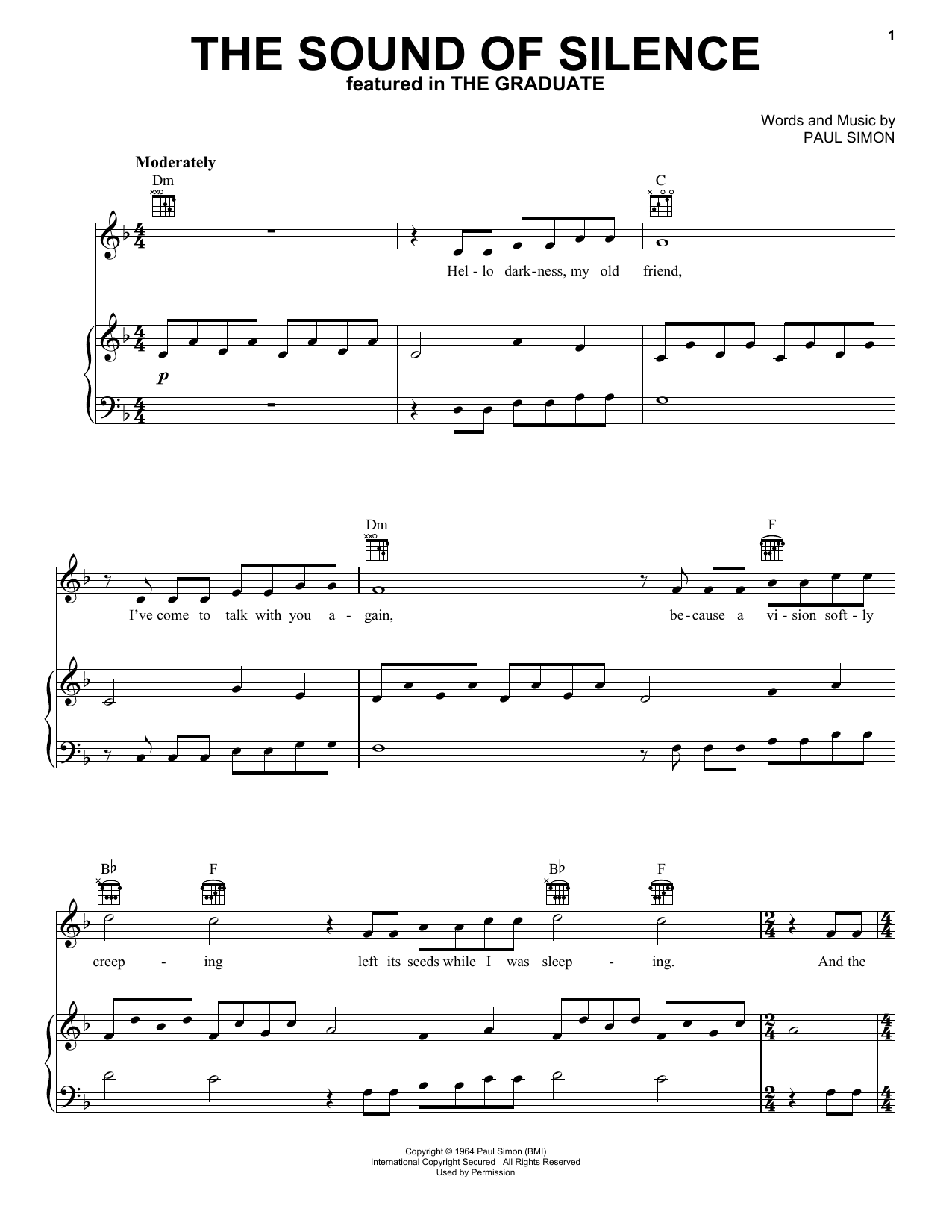 The Sound Of Silence Sheet Music By Simon Garfunkel Piano Vocal