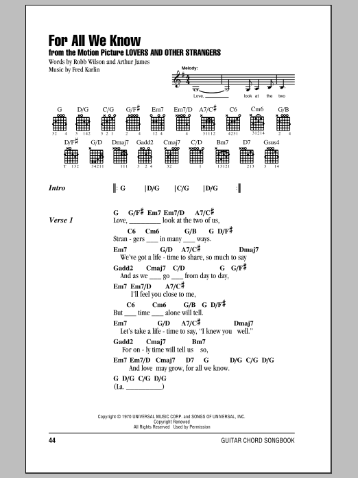 For All We Know Sheet Music By Carpenters Lyrics Chords 81995 For All We Know Sheet Music By Carpenters Lyrics Chords 81995