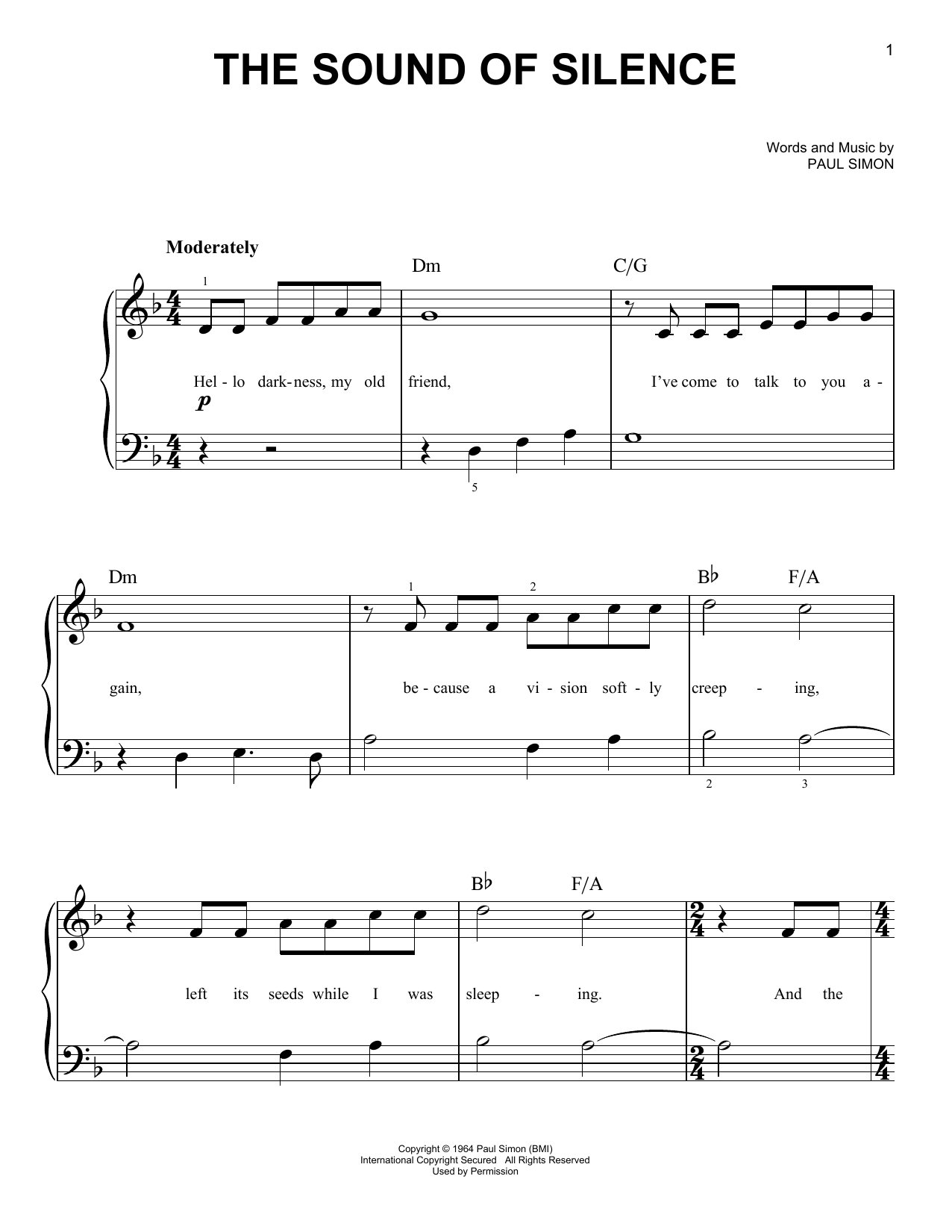 The Sound Of Silence Noten Von Simon Garfunkel Easy Piano 80325 