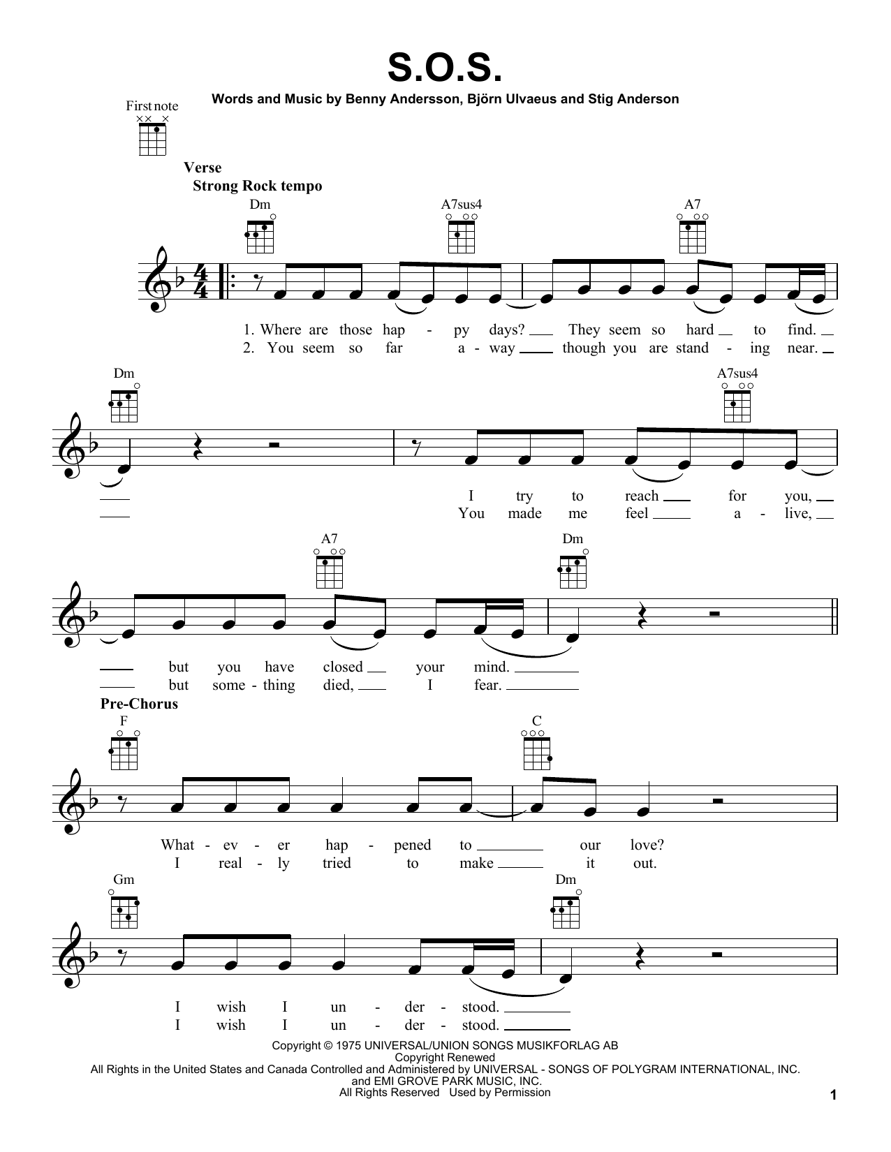 S O S Sheet Music By ABBA Ukulele 89195 