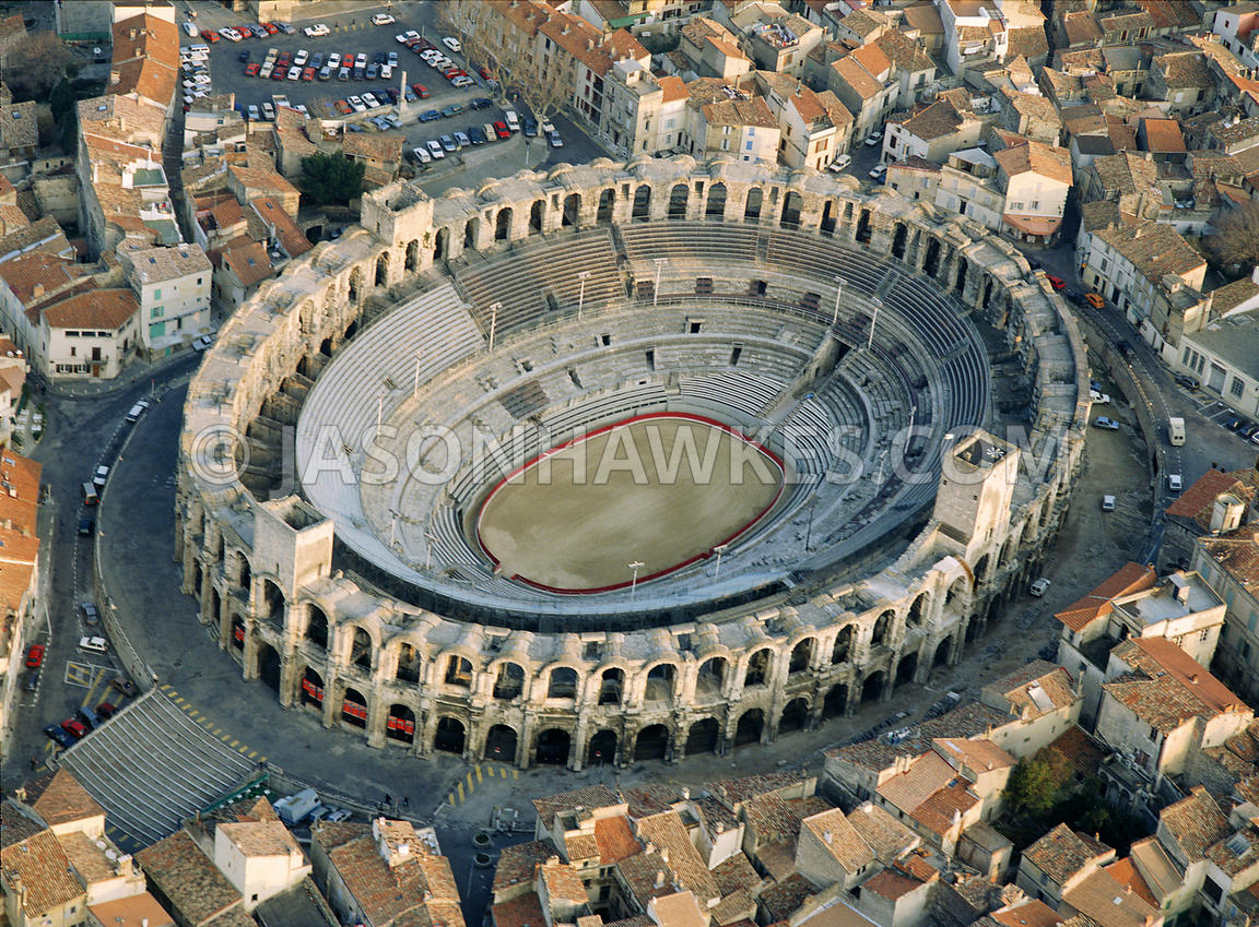 Aerial View. Roman Amphitheater, Arles, France . Jason Hawkes