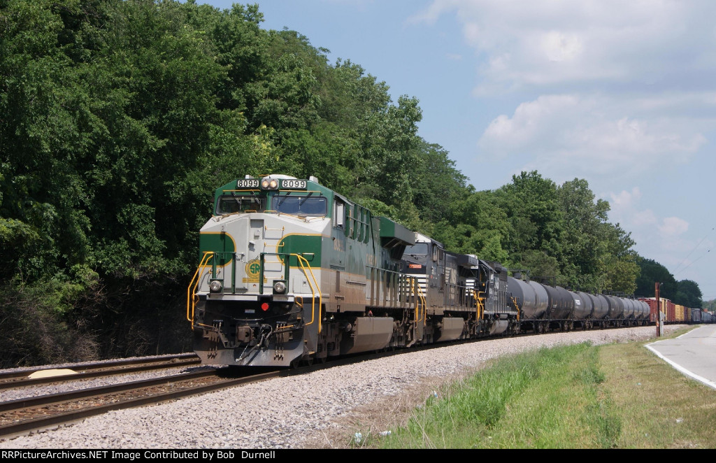 NS 8099 leads train 365 westbound on the NKP milepost 368
