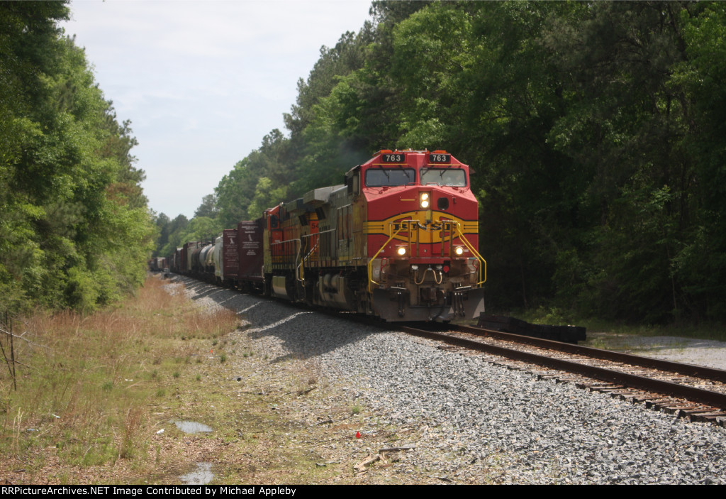 BNSF 763, leading CN A489 at old highway 49.