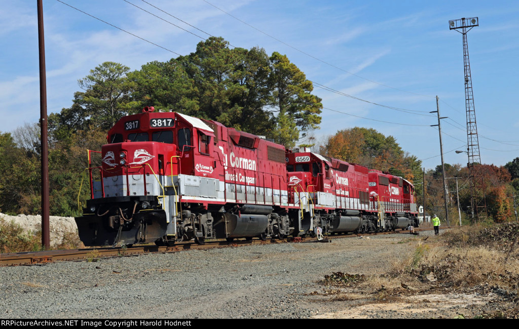 RFCC 3817 leads train RF01 back thru the yard