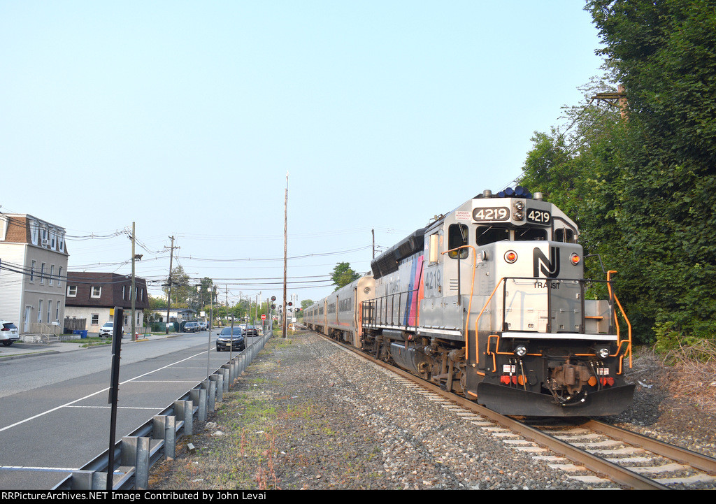 NJT Train # 1606, with GP40PH-2 # 4219 pushing, heads away from the station