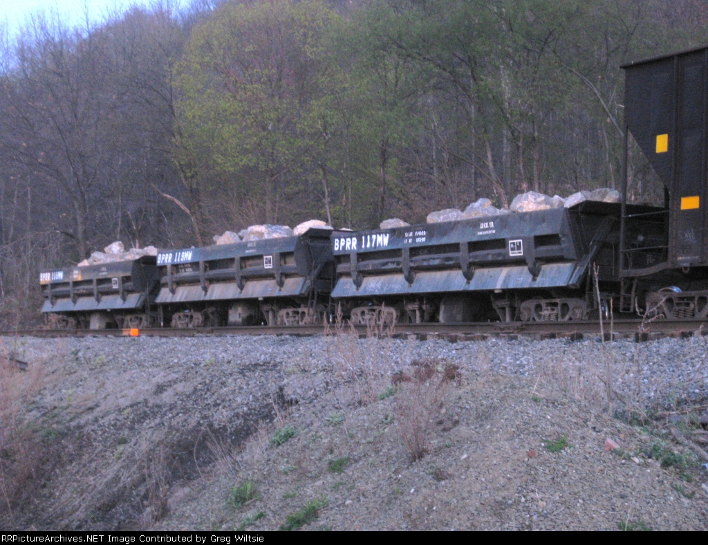Three BPRR side dump cars sit at the end of Warren Yard