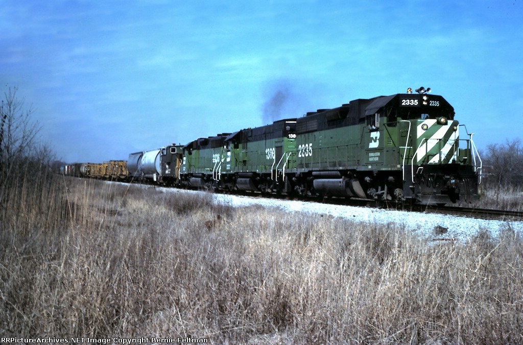 Burlington Northern GP38-2 #2335, leading an Amory to Columbus turn,