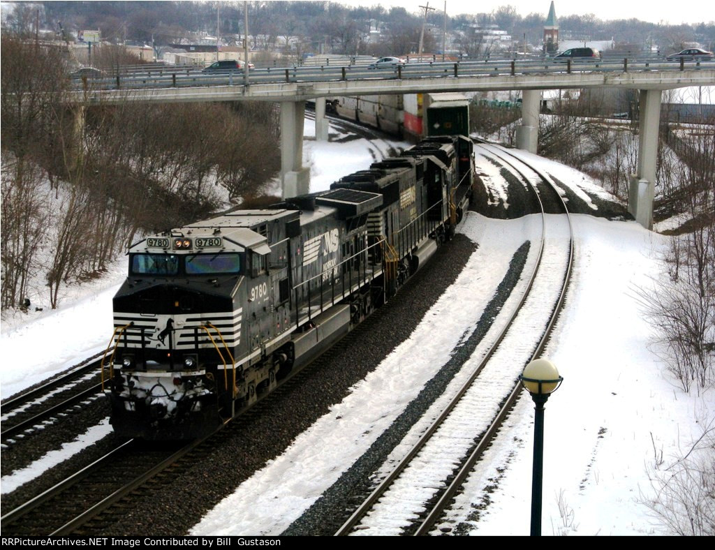 Hot NS stack train roars thru wintry Lafayette