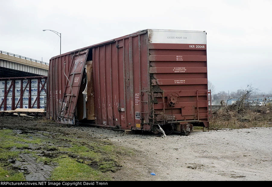 A boxcar awaits its fate after the CSX Derailment at CP 128