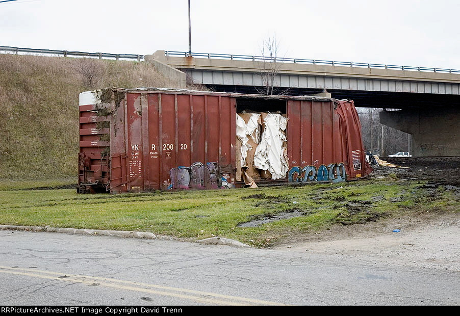 A boxcar awaits its fate after the CSX Derailment at CP 128