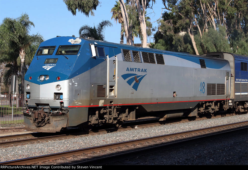 P42DC AMTK #48 leads Amtrak train #566 towards San Diego.
