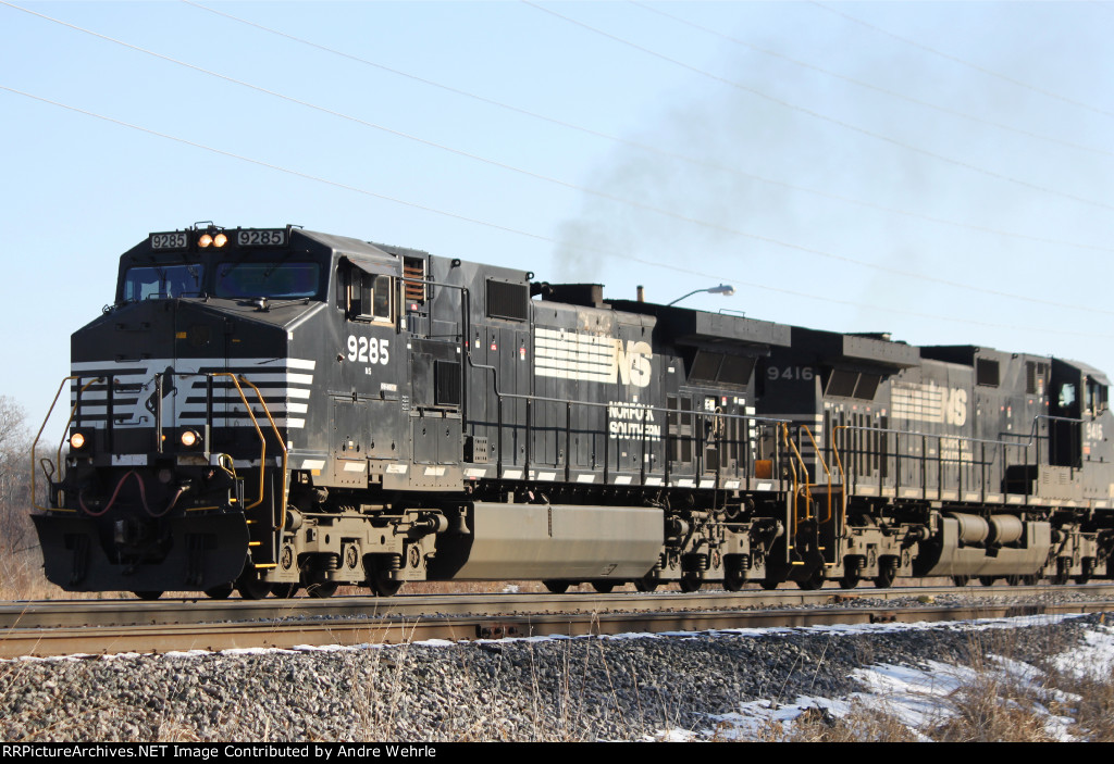 Westbound manifest 471 finally gets underway behind its two NS Dash 9Ws