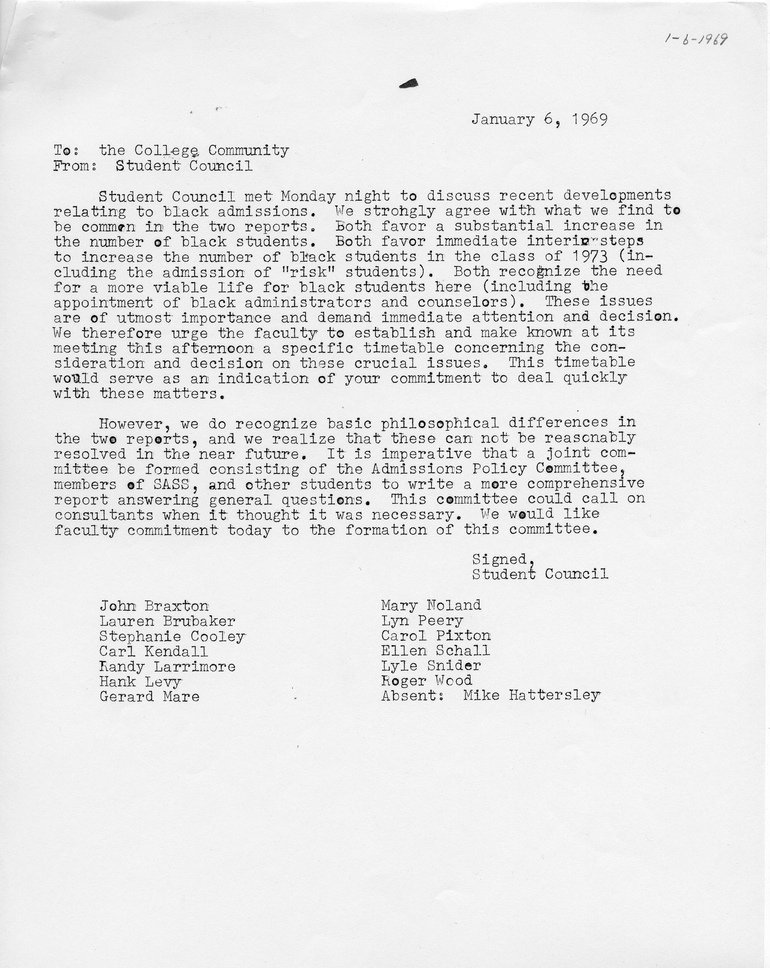  Student Council Statement 01 06 1969 Black Liberation 1969 Archive