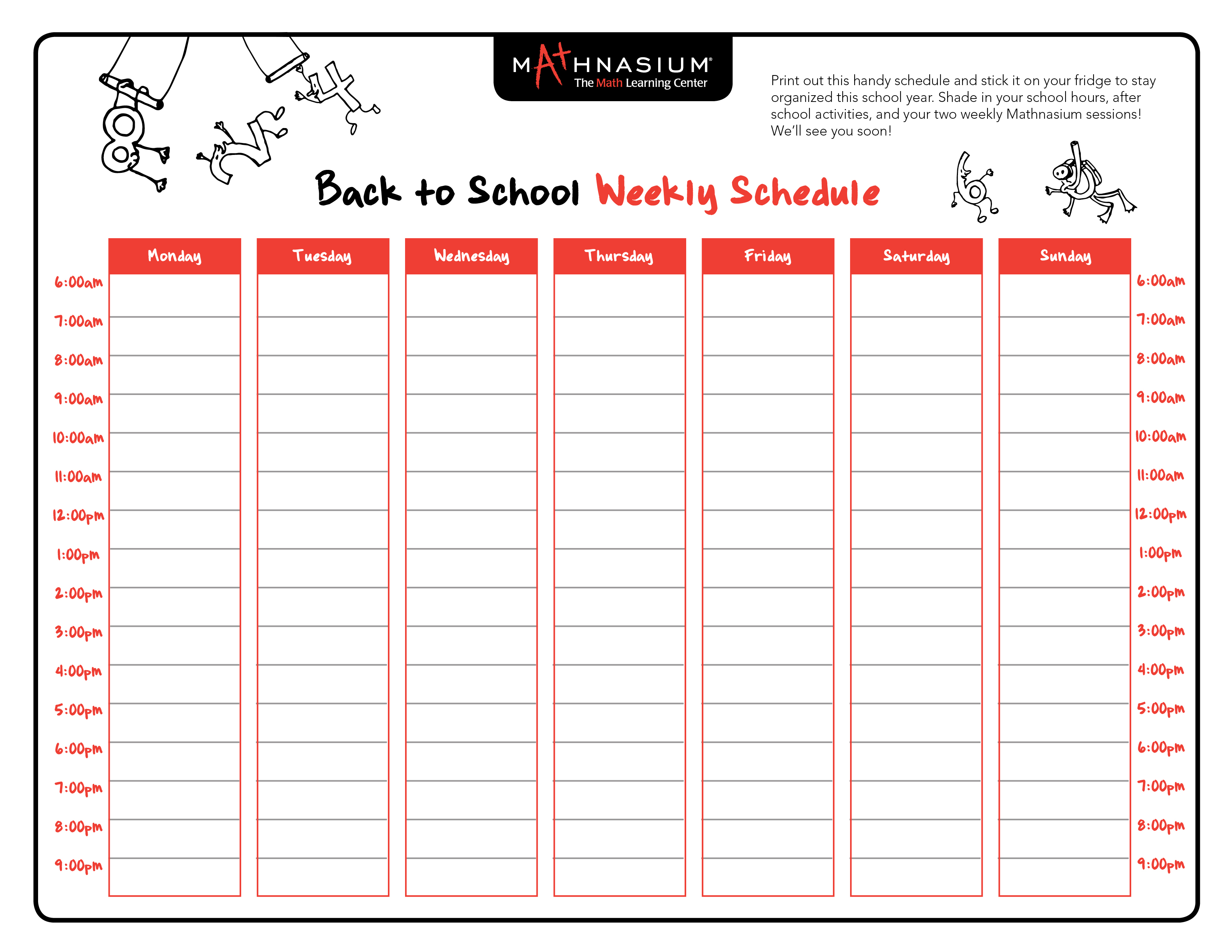Back To School Weekly Calendar Mathnasium