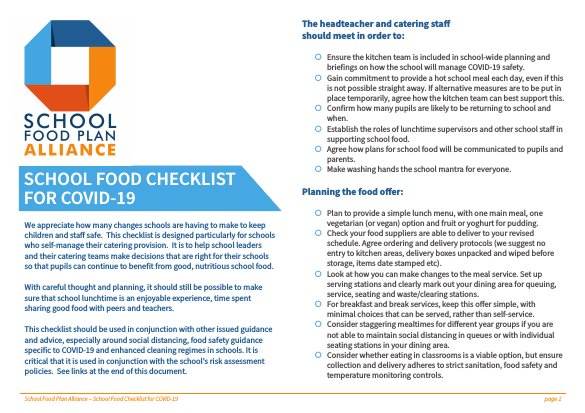 School Food Plan Alliance Checklist for COVID 19