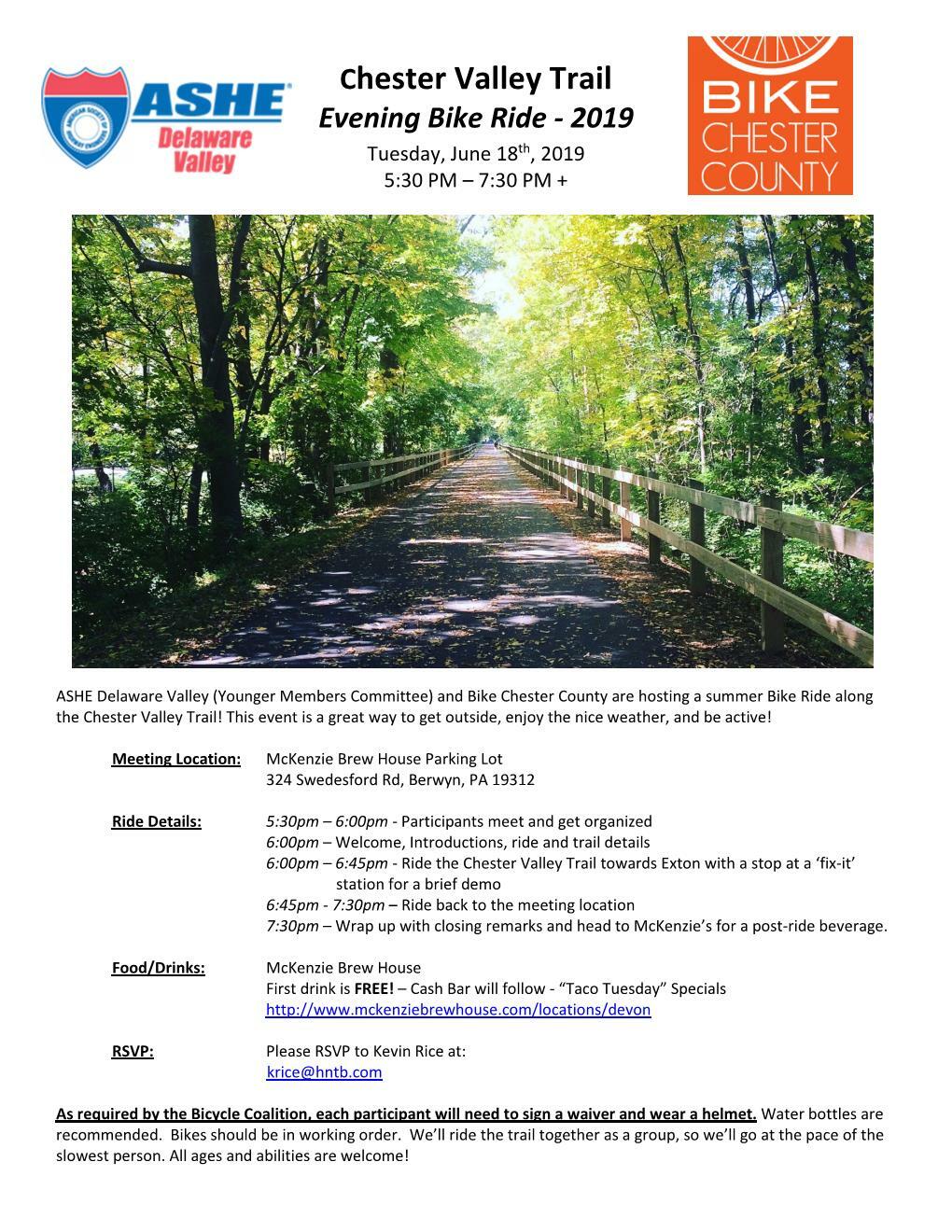 ASHE Del Val & Bike Chester County - Chester Valley Trail Evening Bike ...