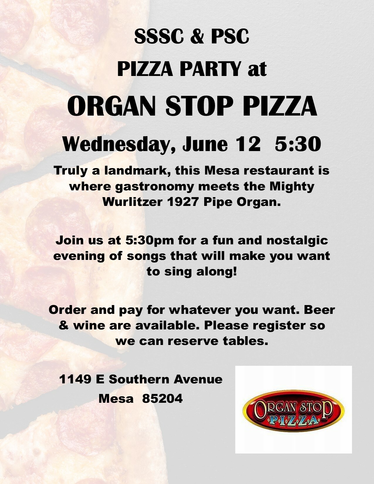 SSSC & PSC PIZZA PARTY AT ORGAN STOP - Events - Scottsdale Sea and Ski Club