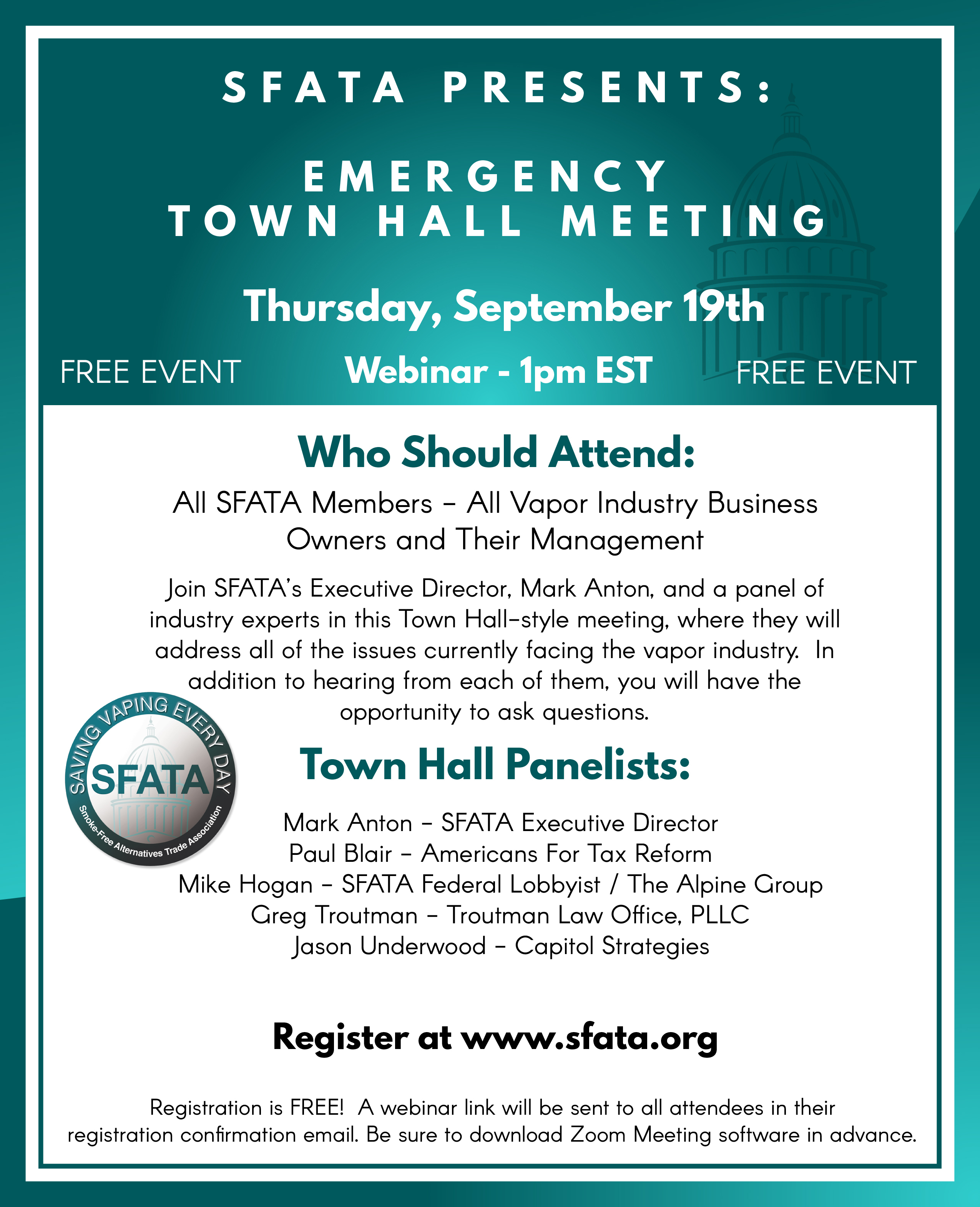SFATA Town Hall Meeting - Events - Smoke Free Alternatives Trade ...