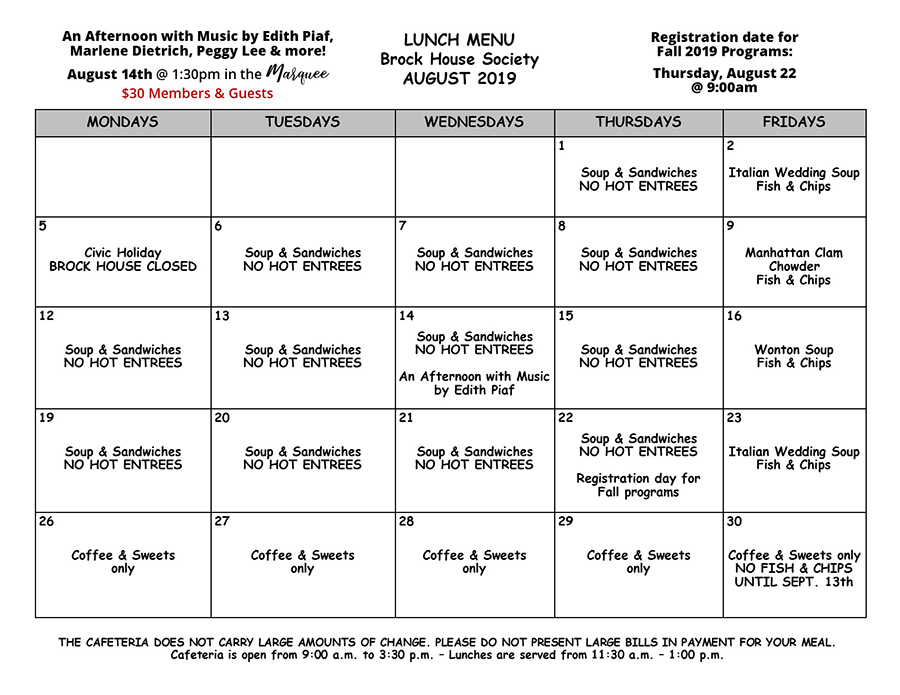 Lunch Menu Cafeteria - Brock House Society