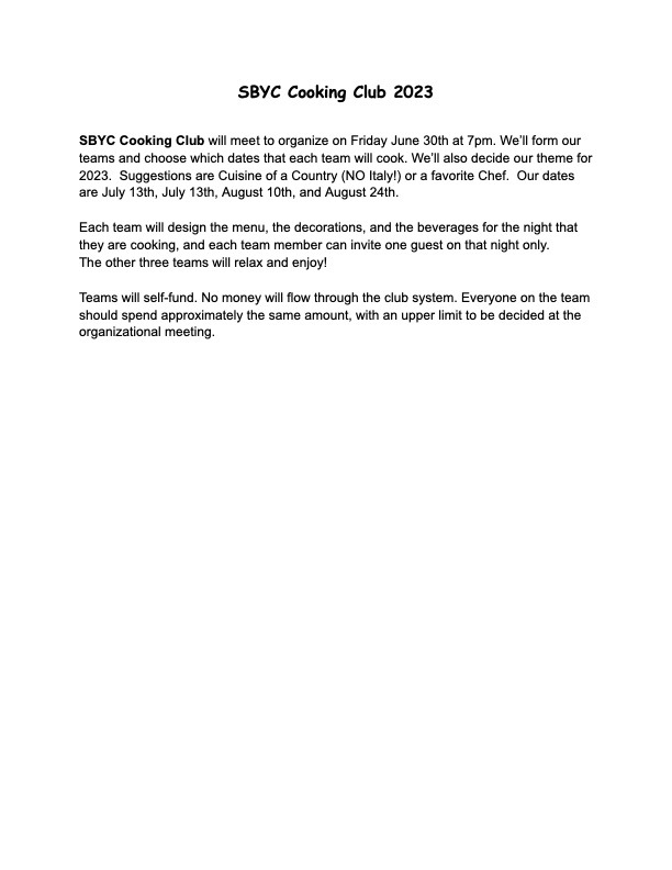 Organizational Meeting of SBYC Members only Cooking Club - Events - Spray Beach Yacht Club