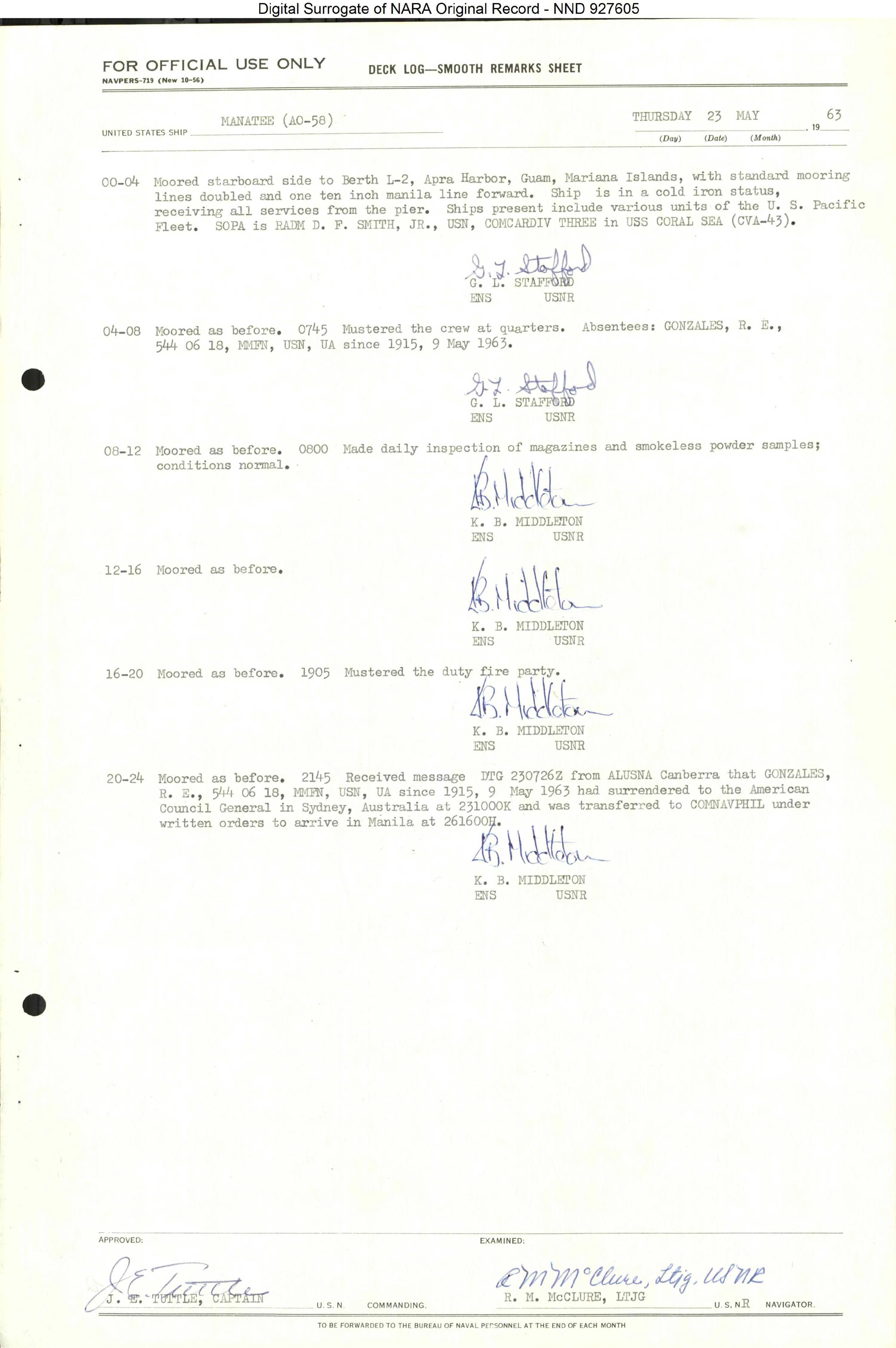 uss manatee ao-58 log book 19690-1964 - Navy, Marine Corps, and Coast ...