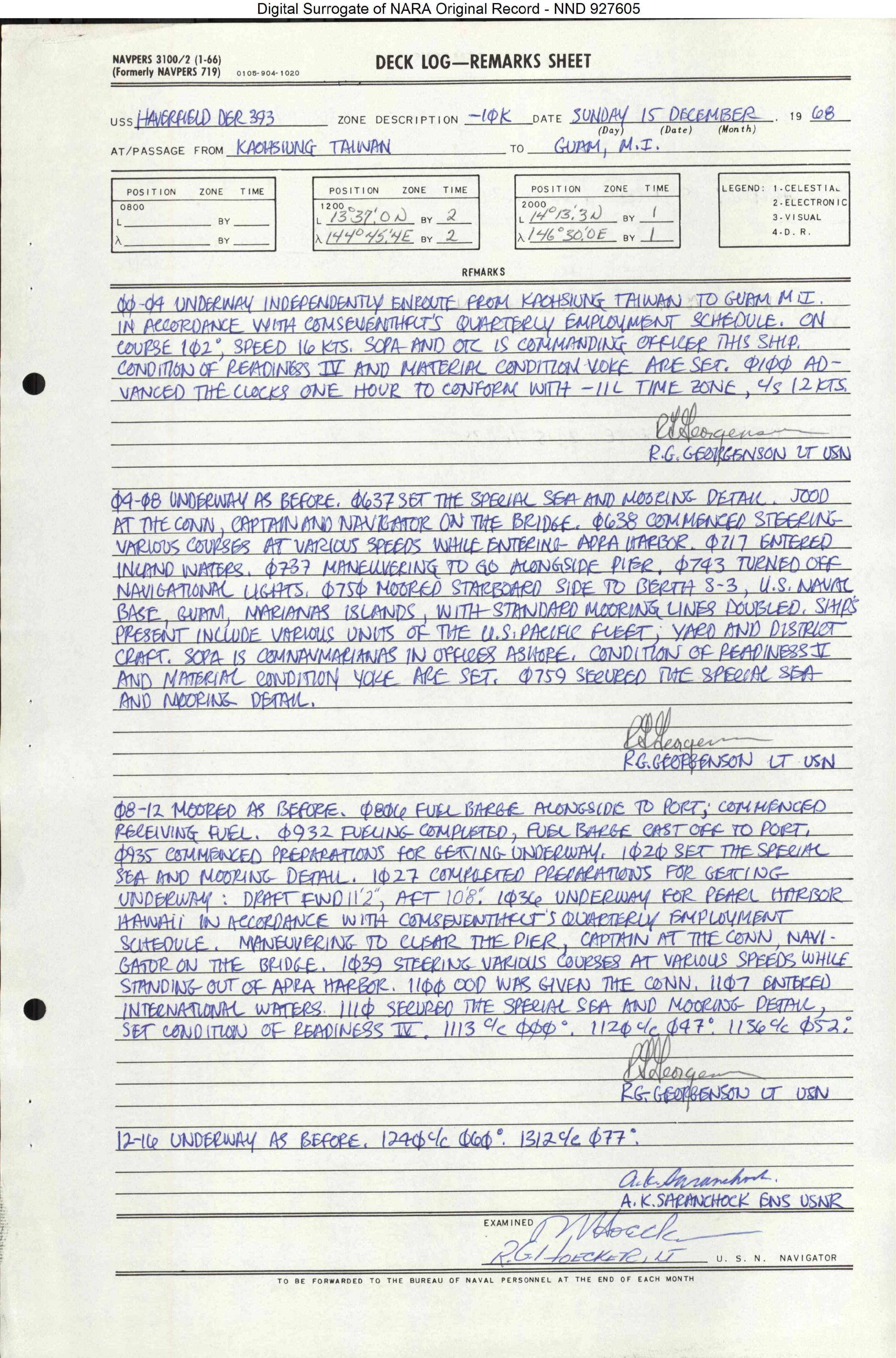 Deck logs USS Haverfield DER 393 - Navy, Marine Corps, and Coast Guard ...