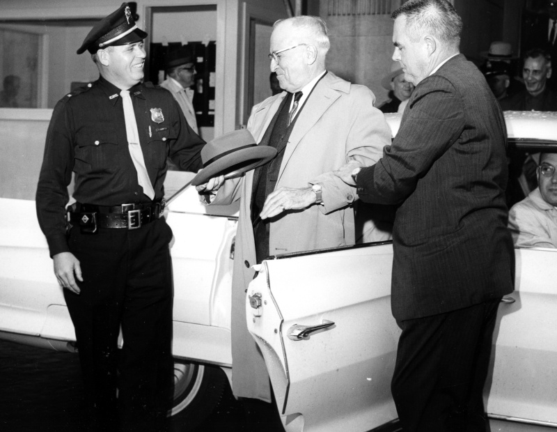 Photo of former President Truman arriving by car at the Kennedy-Walsh ...