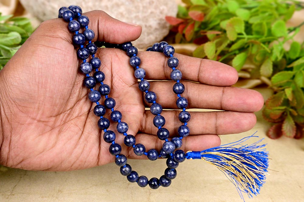 Blue Sapphire Round Beads Mala (8 mm) - Rudra Centre