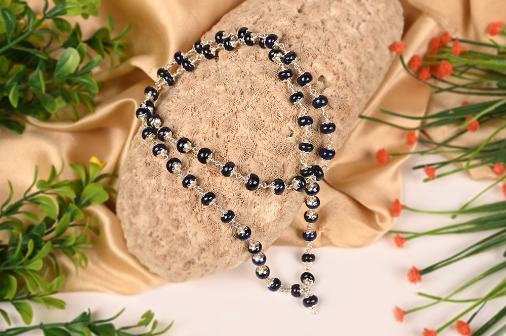 Blue Sapphire Mala in 925 Silver Flower Caps - Rudra Centre
