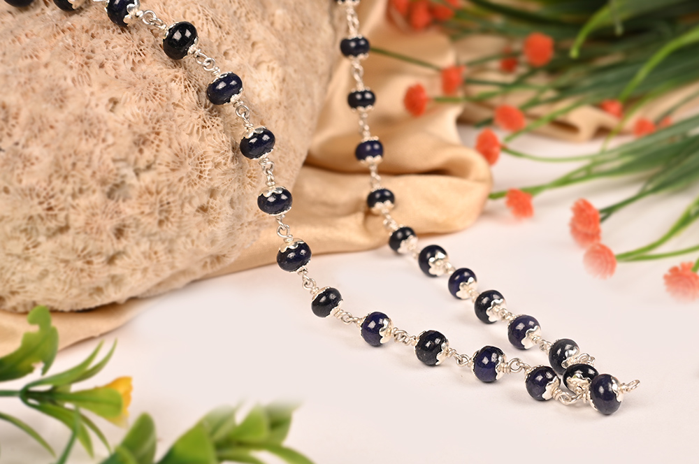 Blue Sapphire Mala in 925 Silver Flower Caps - Rudra Centre
