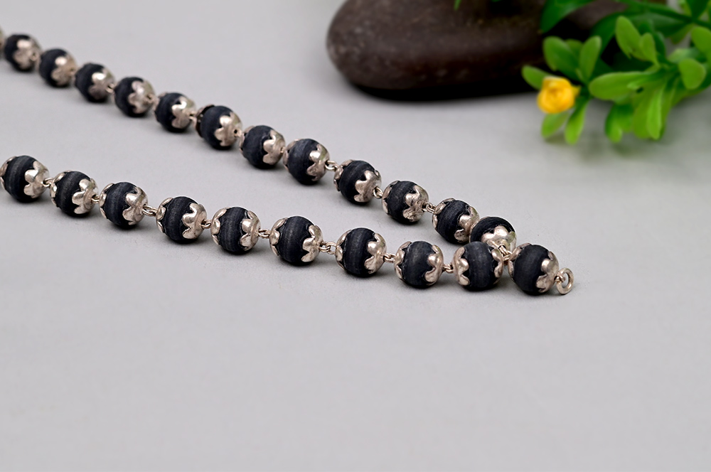 Black Tulsi Mala in Silver Flower Caps - Rudra Centre