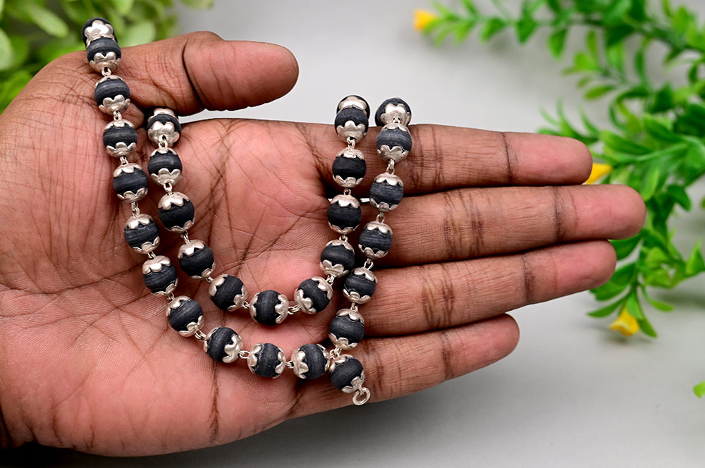 Black Tulsi Mala in Silver Flower Caps - Rudra Centre