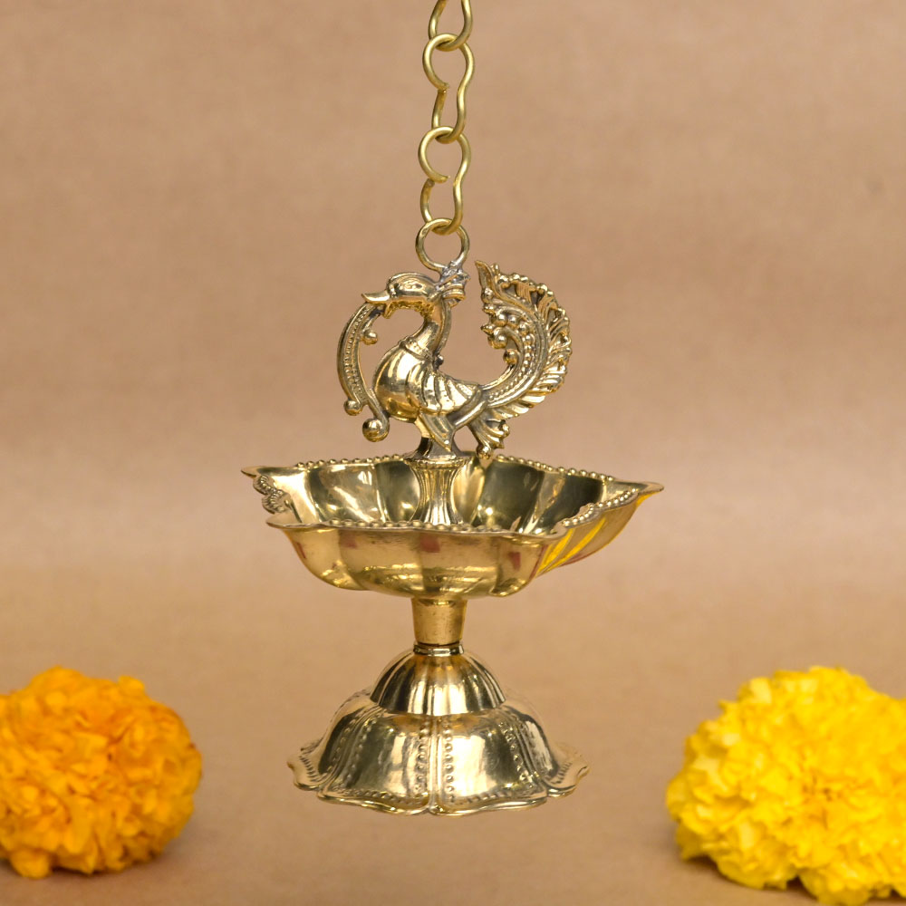 Hanging Panch Batti Peacock Brass Diya