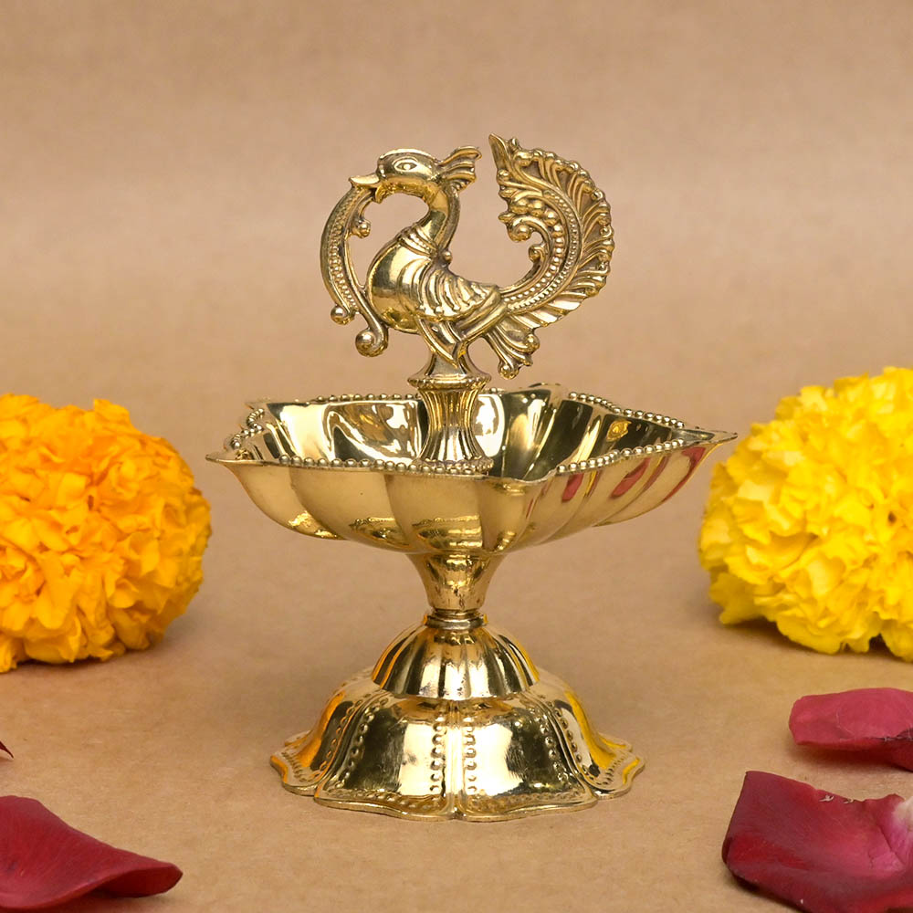 Panch Batti Standing Peacock Brass Diya
