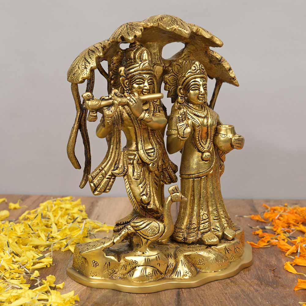 Radha Krishna Under Kadamba Tree With Peacock Brass Idol - Rudra Centre
