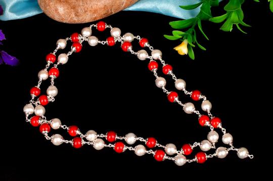 Pearl and Coral mala in silver flower capping - I