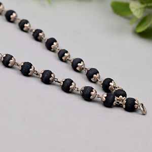 Black Tulsi Mala in Silver Flower Caps