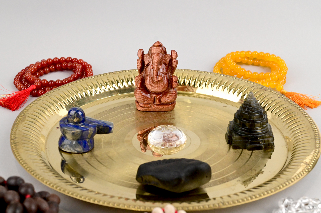 Panchayatan Puja Deities Gemstone Idols & Malas Set - Rudra Centre