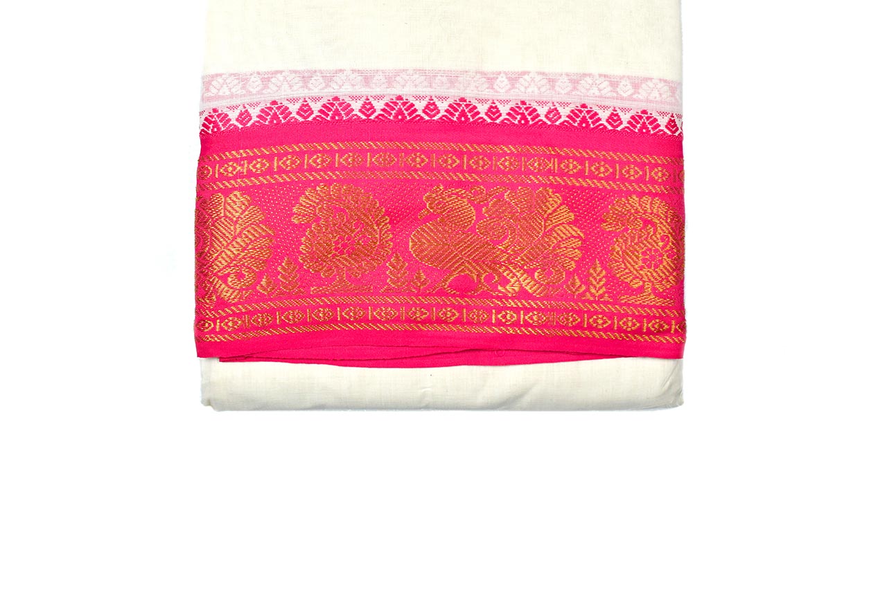 Pink Green Golden Peacock Design Puja Dhoti & Shawl Set - Rudra Centre