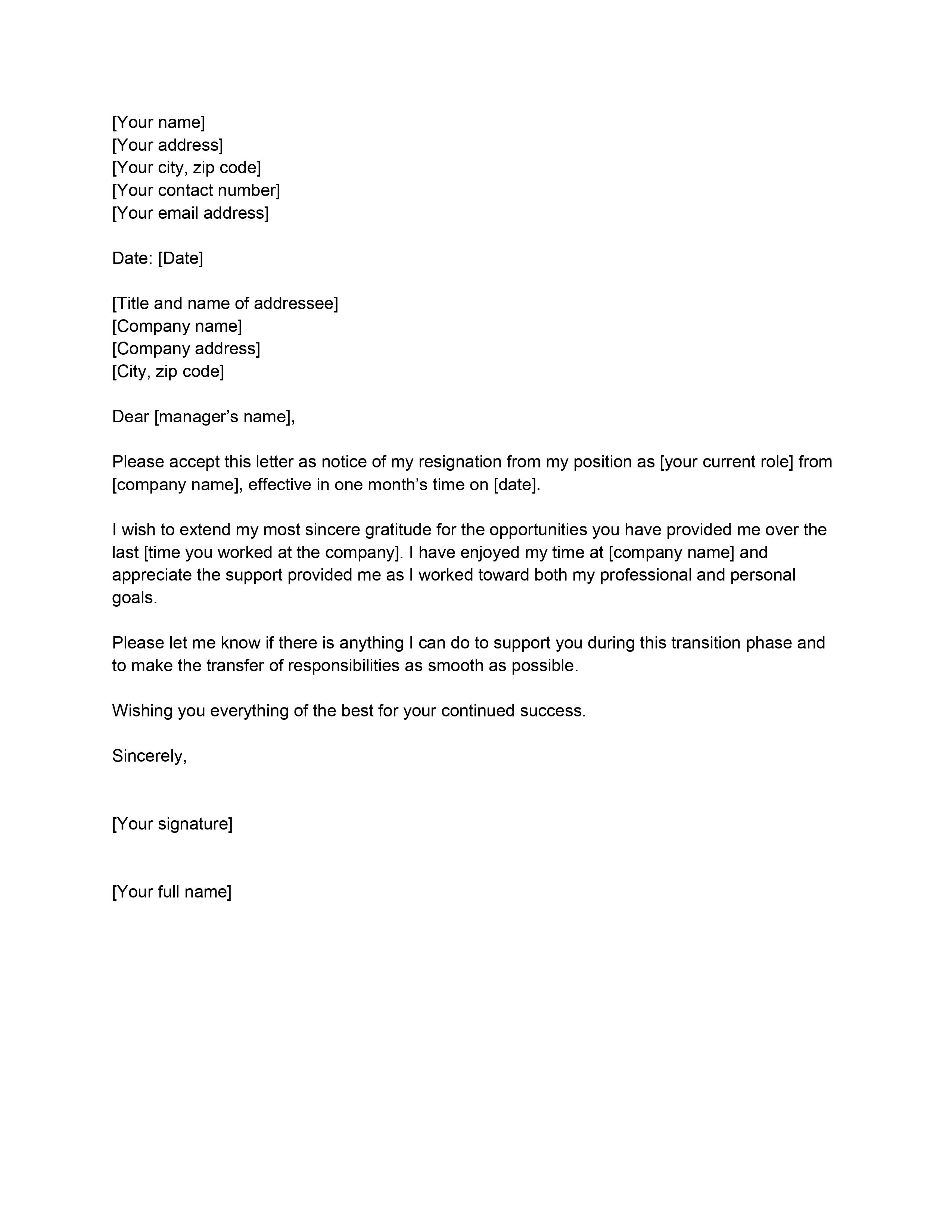 One month Resignation Letter Template