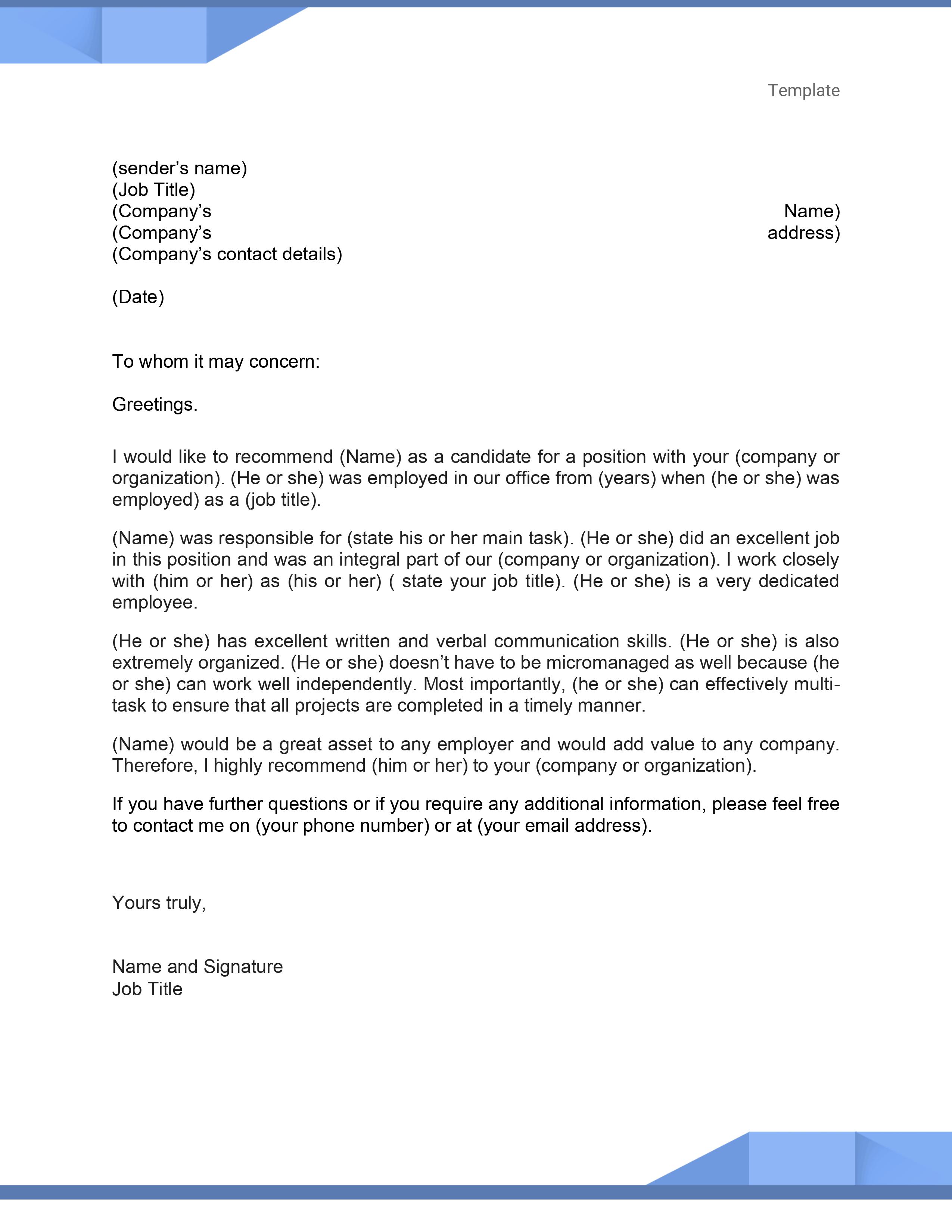 Employer Letter Of Reference Template