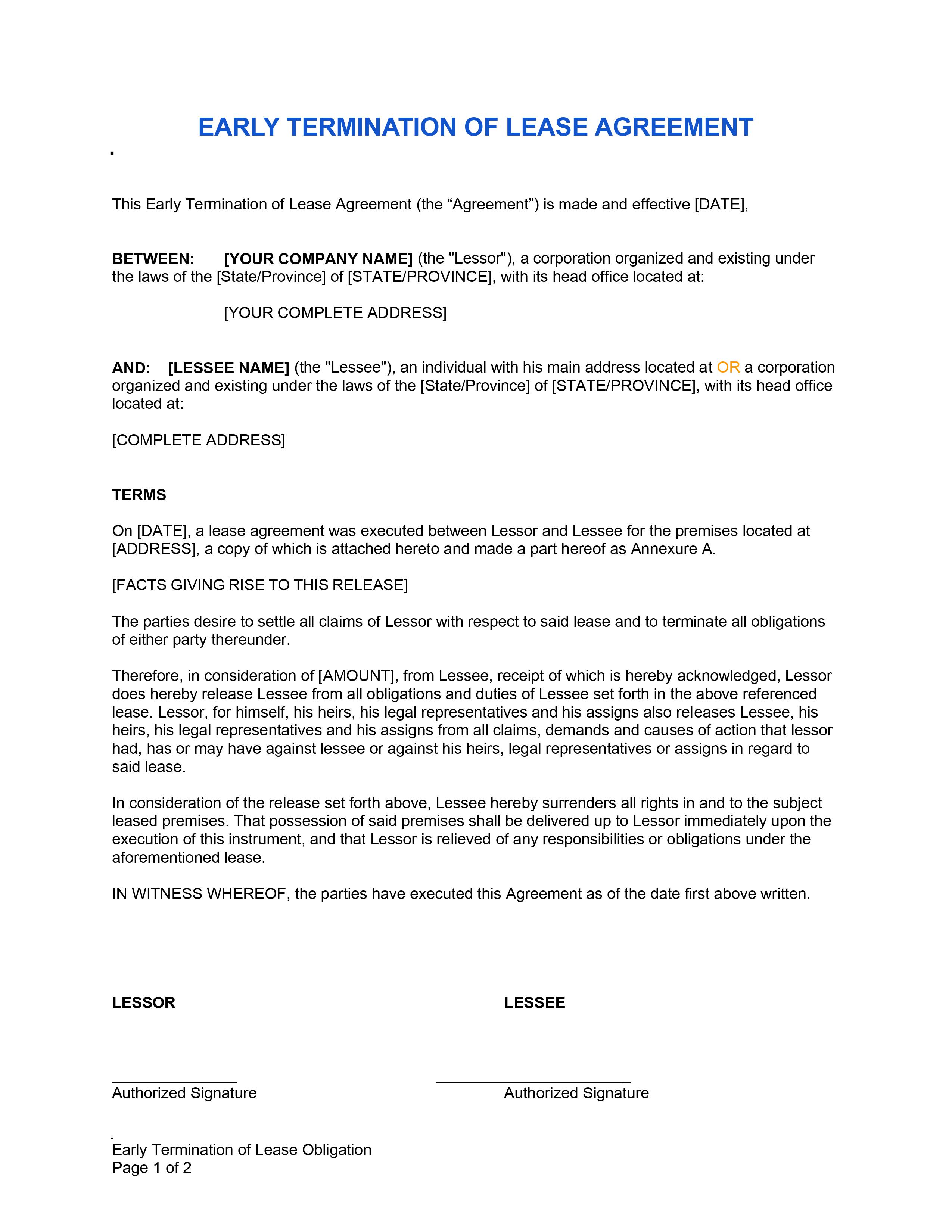 Termination Of Rental Agreement Template