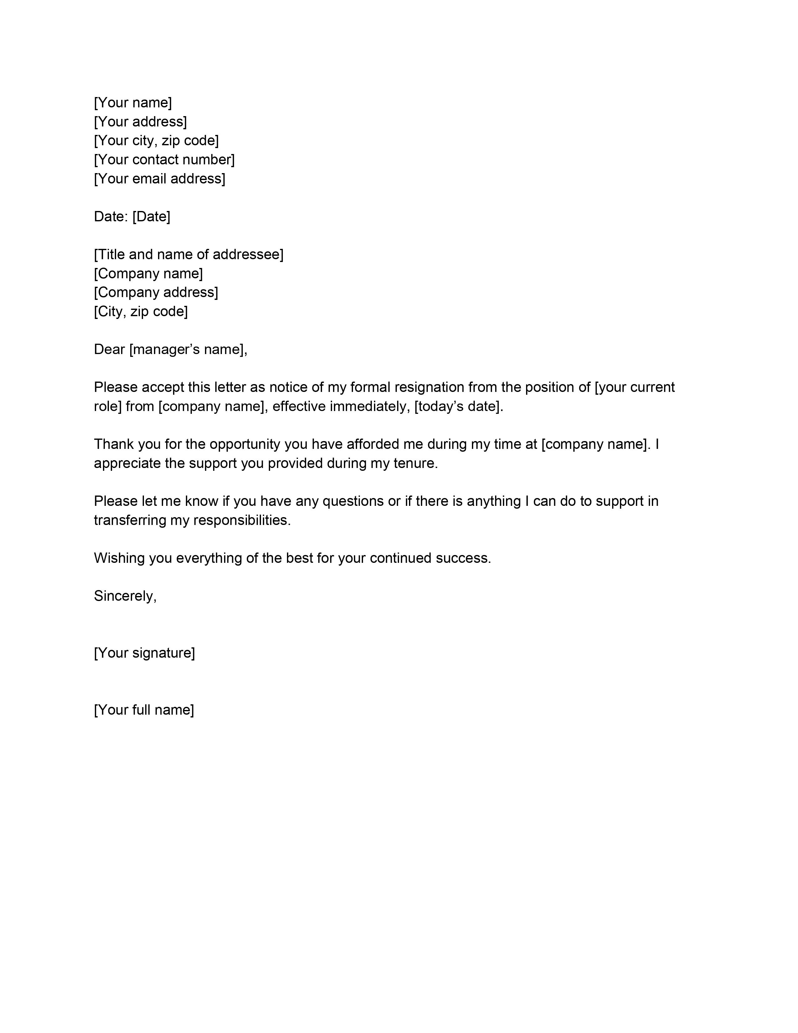 Immediate Resignation Letter Template